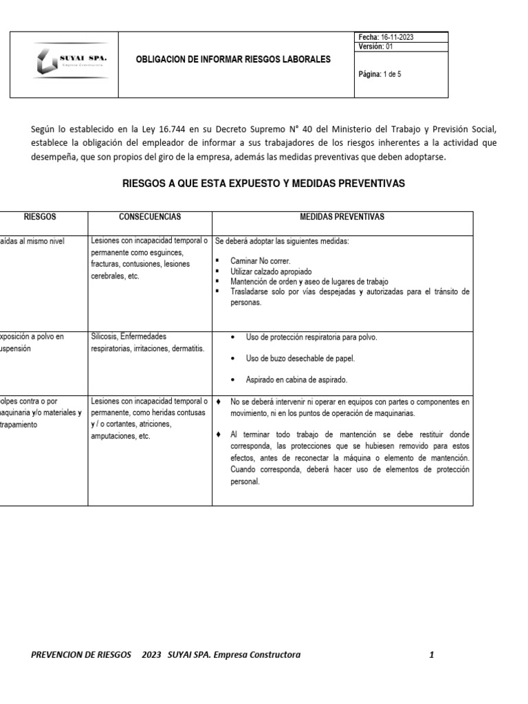 Obligacion de Informar Riesgos Laborales | PDF