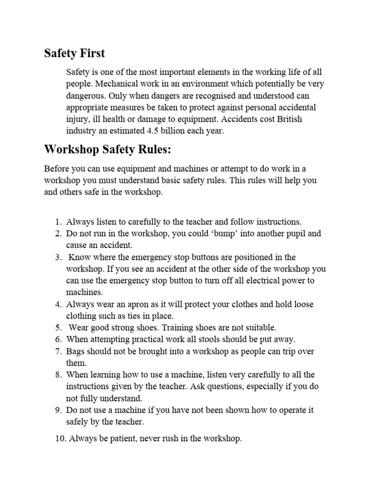 Safety and Regulations in The Workshop | PDF | Safety | Clothing
