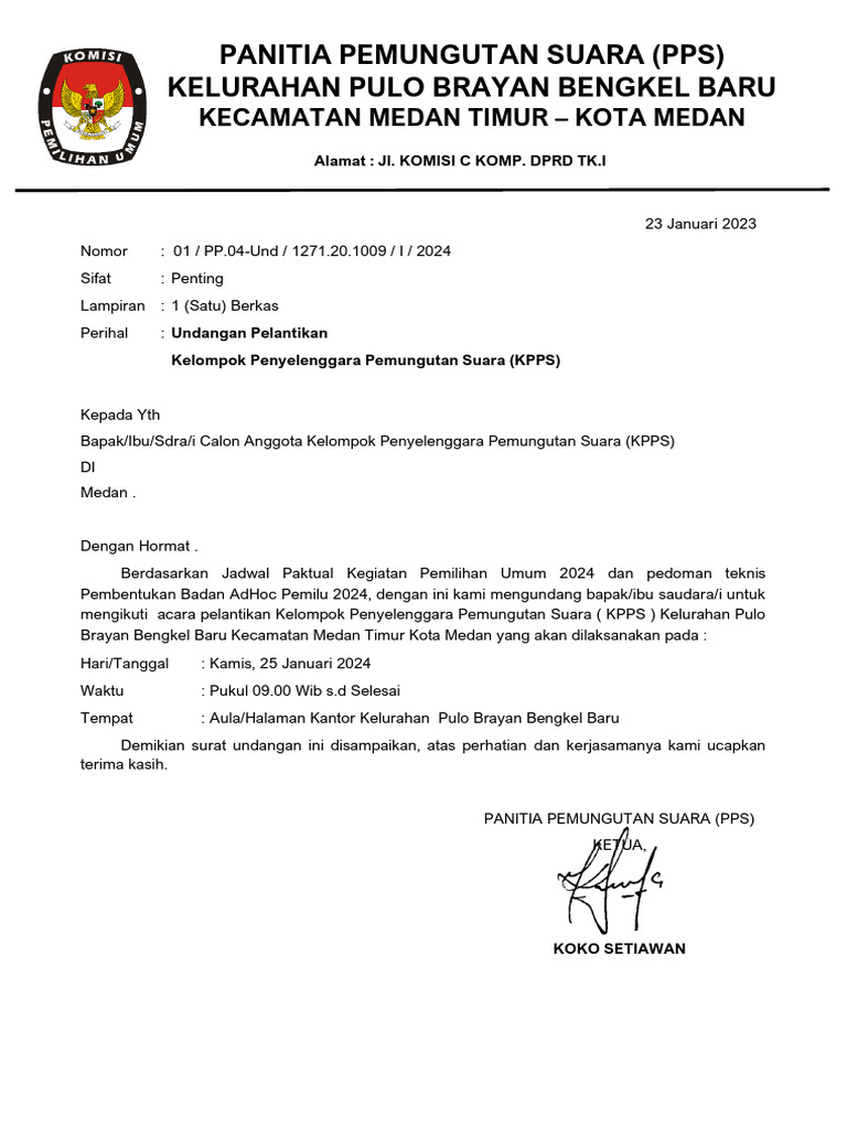 Undangan Pelantikan KPPS Medan | PDF