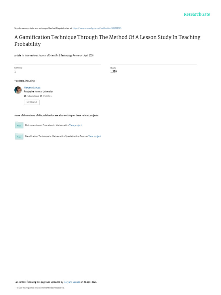 A Gamification Technique Through The Method of A Lesson Study in Teaching Probability | Download ...