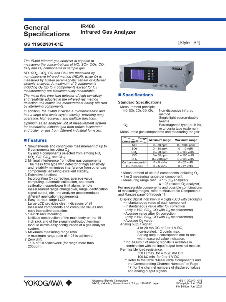 Yokogawa Series IR400 Infrared Gas Analyzer Datasheet | PDF | Relay ...