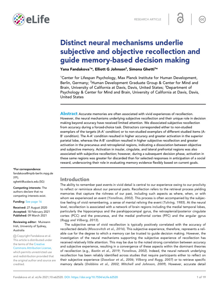 Elife 62520 v1 | PDF | Recall (Memory) | Memory