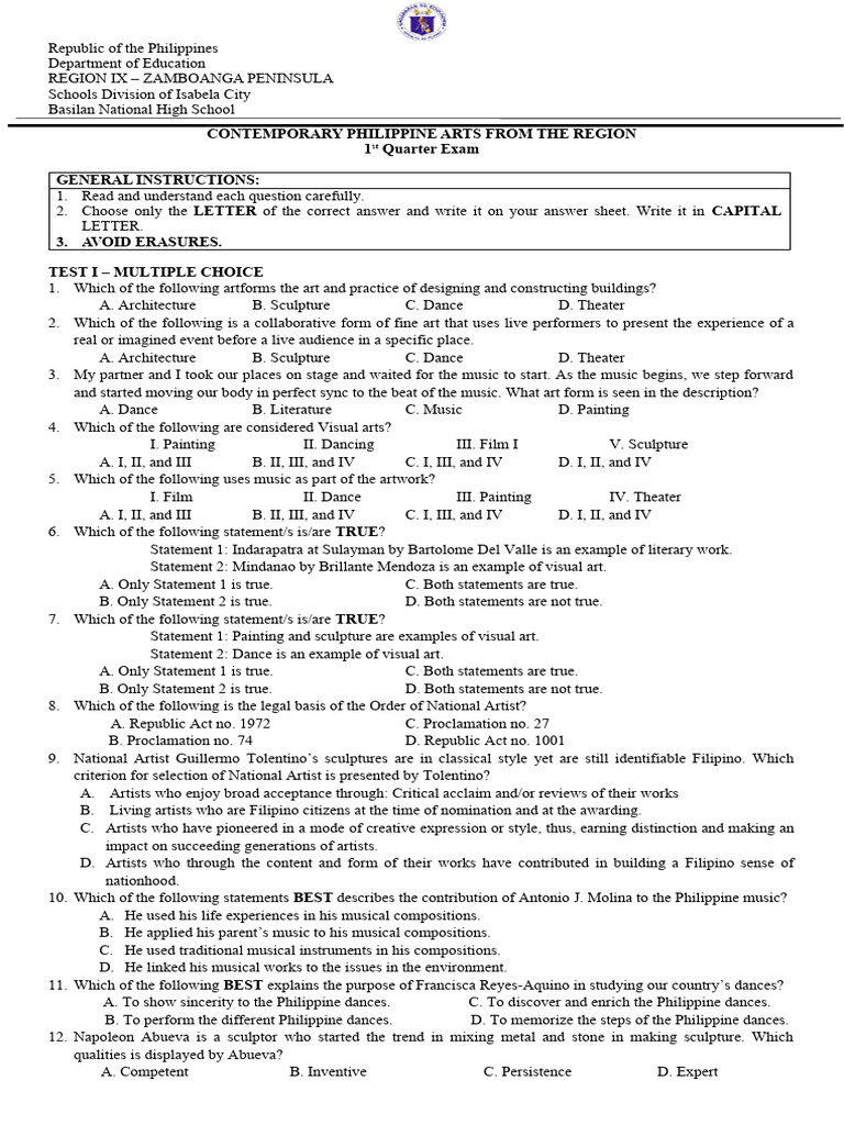 1st Quarter Exam CPAR 2023-2024 | PDF | Paintings | Traditions