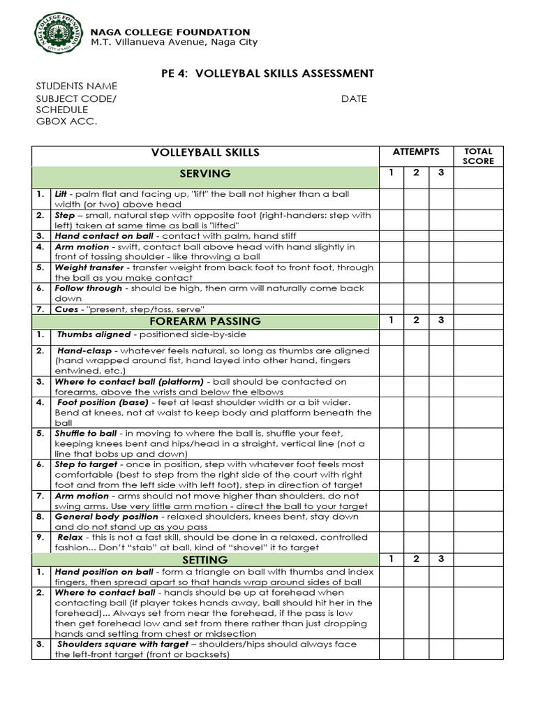 Pe 4 - Volleyball Skills Assessment | PDF | Hand | Volleyball