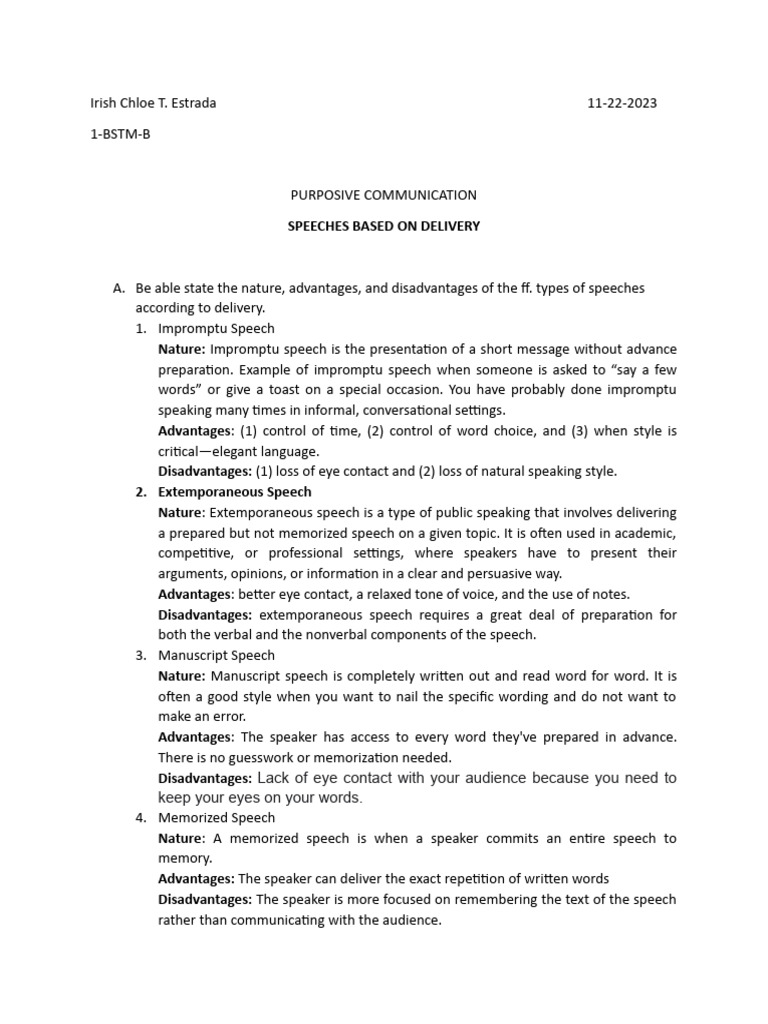 Speeches According To Delivery | PDF | Speech | Public Speaking