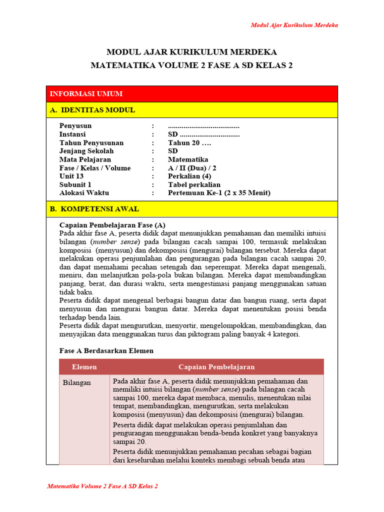 Modul Ajar MTK Kelas 2 - BAB 13 | PDF | Metode & Bahan Ajar