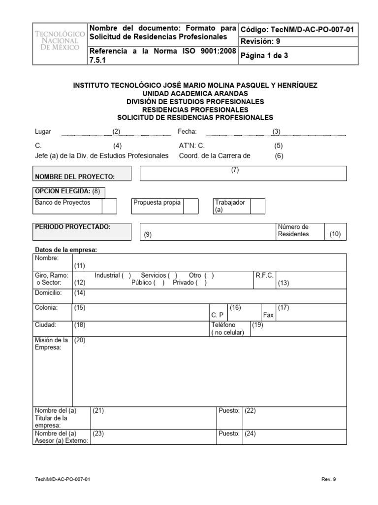 1 TecNM - D - AC - PO - 007 - 01 SOLICITUD DE RESIDENCIA | PDF