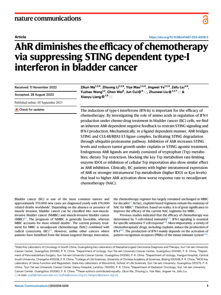 Nc Ahr Diminishes The Efficacy Of Chemotherapy Via Suppressing Sting