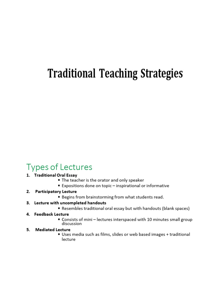 Traditional Teaching Strategies PDF 1 | PDF | Lecture | Learning