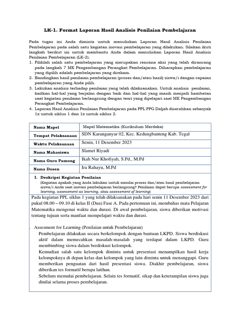 LK-1. Format Laporan Hasil Analisis Penilaian Pembelajaran - Slamet Riyadi | PDF | Pengembangan Diri