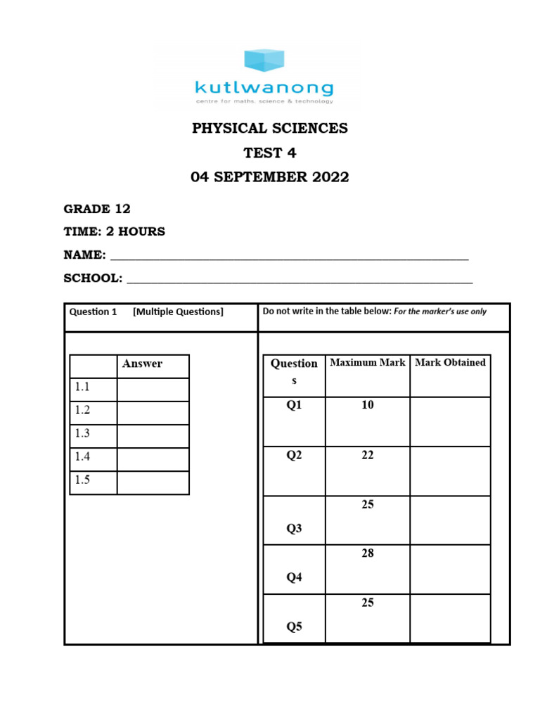 Physical Sciences Grade 12 Test 4 (04 September 2022) | PDF ...