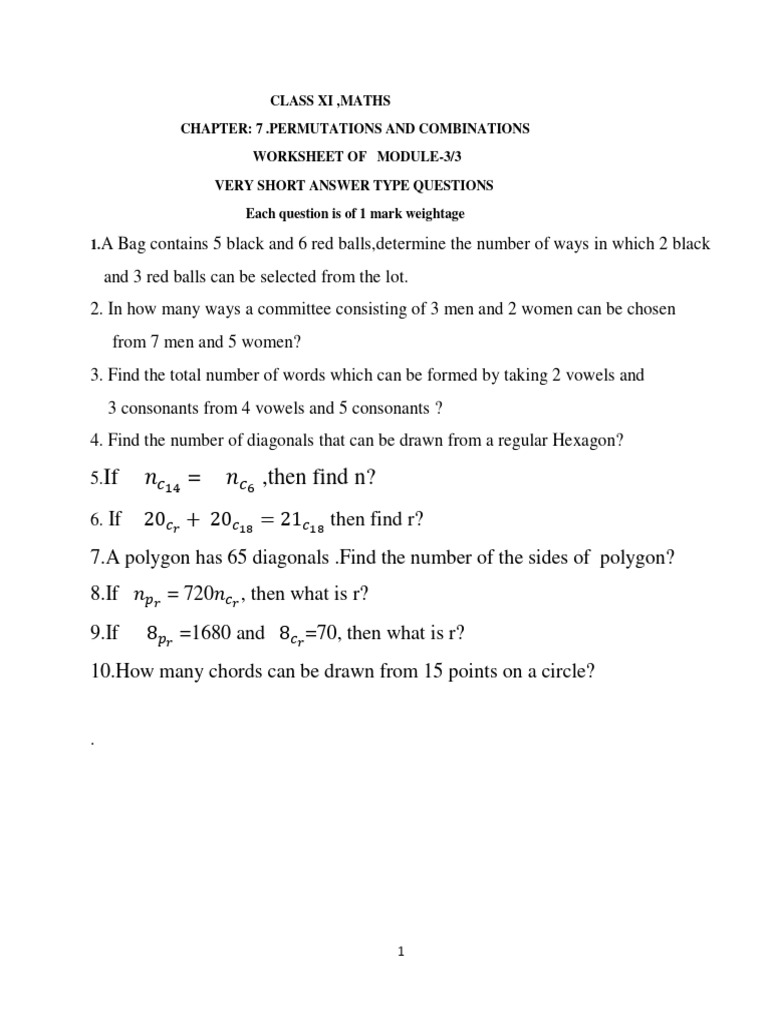 Class 11 Permutations & Combinations Worksheet | PDF | Teaching Methods ...