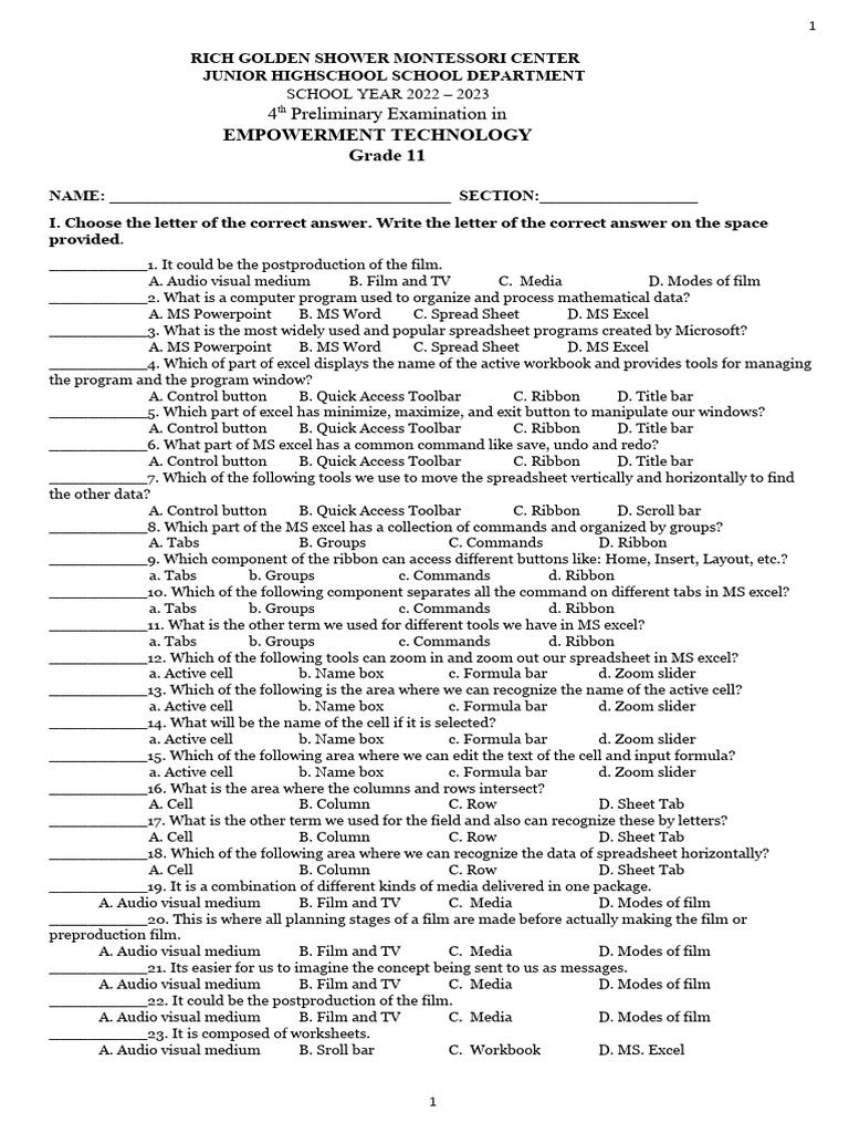 4th Preliminary Examination EMTECH - Grade 11 | PDF | Microsoft Excel ...