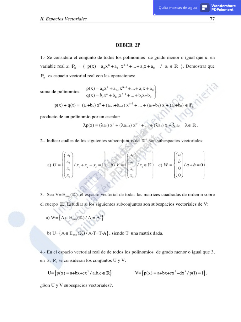 Deber 2P | PDF | Base (álgebra lineal) | Espacio vectorial