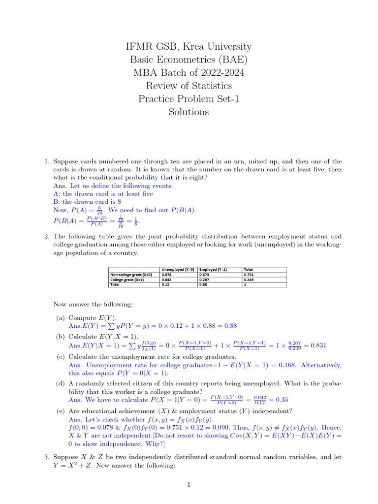 Practice Problem Set-1 - Solutions | PDF | Probability And Statistics | Applied Mathematics