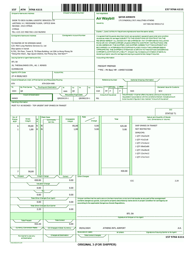 Air Waybill: Original 3 (For Shipper) | Download Free PDF | Business | Supply Chain Management