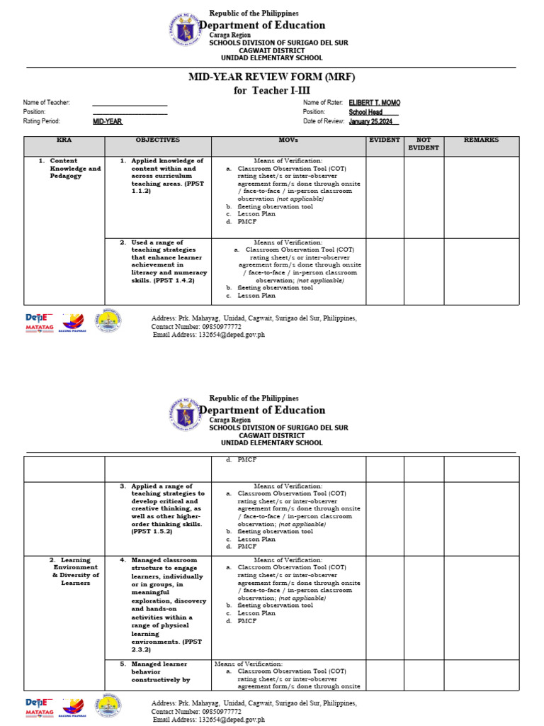 Mid-Year Review Form for Teachers | PDF | Learning | Lesson Plan