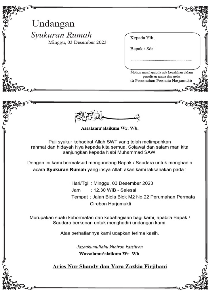 Contoh Surat Undangan Syukuran Rumah Bar | PDF