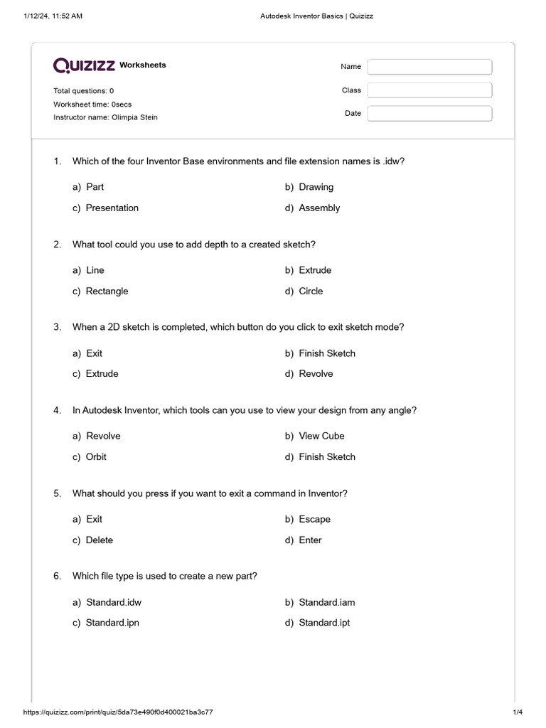 Autodesk Inventor Basics - Quizizz | PDF | Geometry | 3 D Computer Graphics
