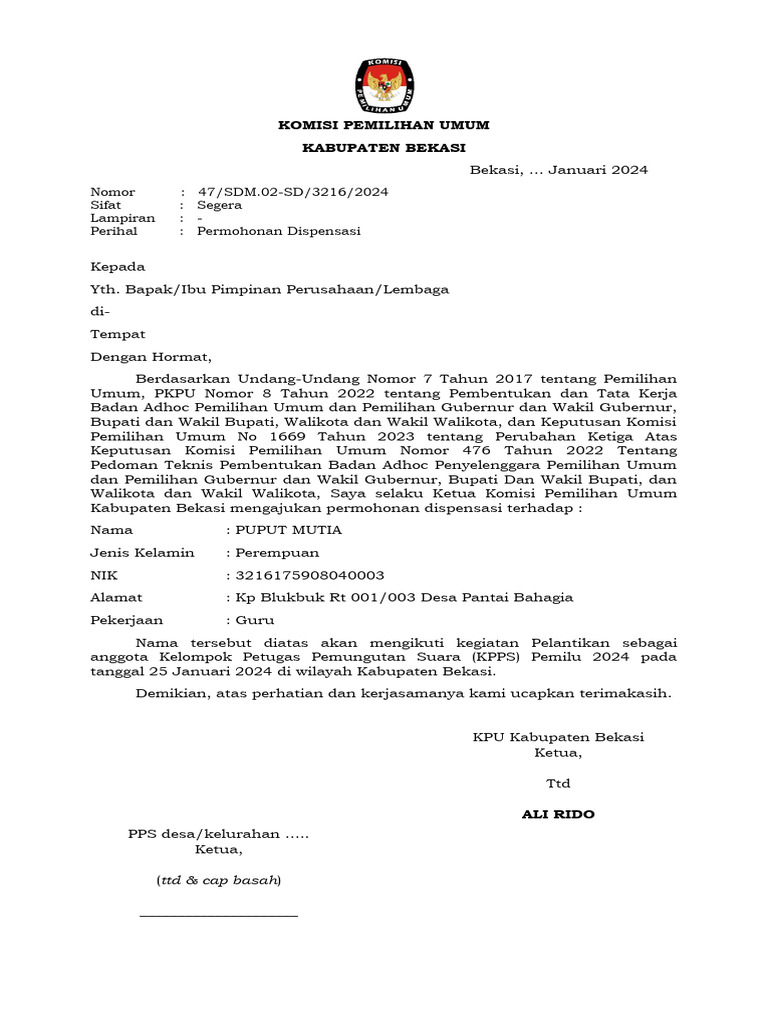 Surat Permohonan Dispensasi KPPS | PDF