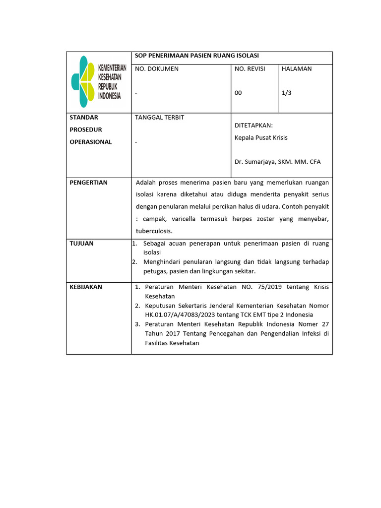 SOP Penerimaan Pasien Isolasi | PDF | Sains & Matematika