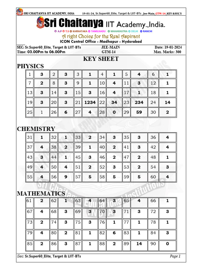 19-01-2024 - Sr.S60 - Elite, Target & LIIT-BTs - Theory Based - Jee-Main-GTM-14 - KEY & Sol'S ...