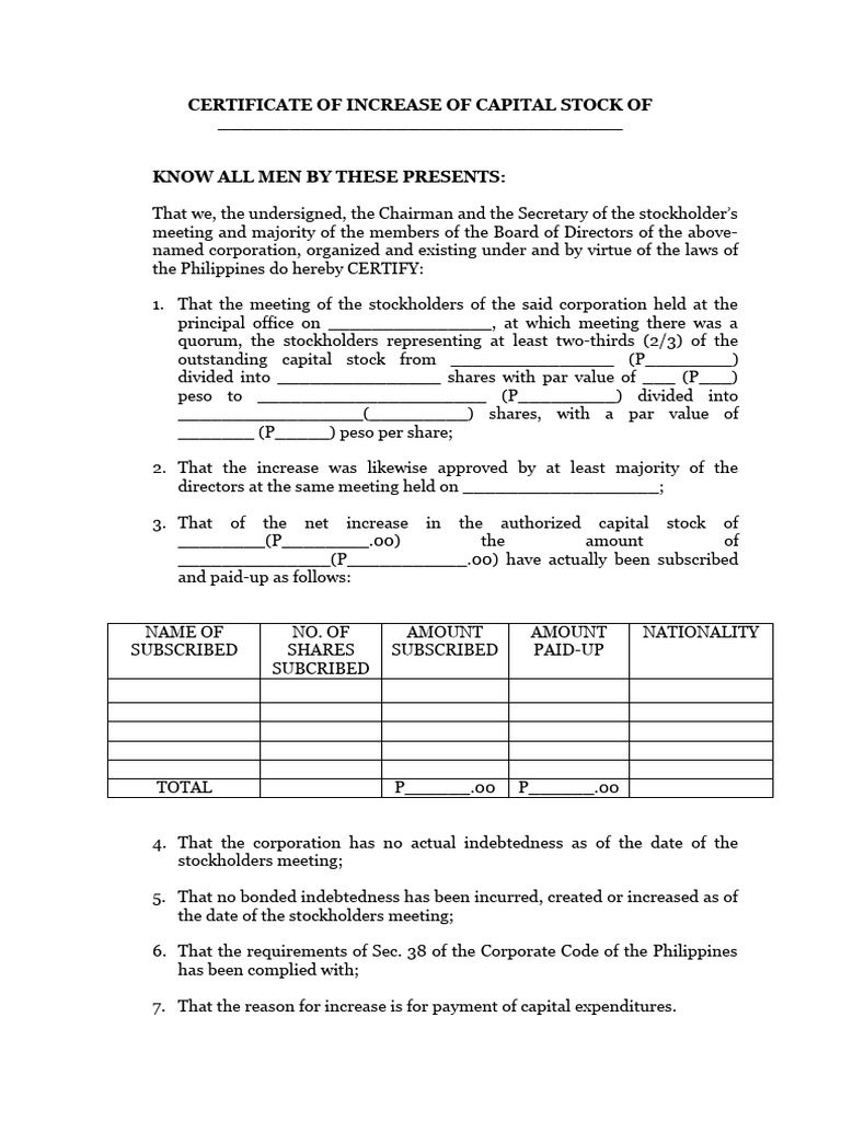 Certificate of Increase of Capital Stock TEMPLATE | PDF | Stocks ...