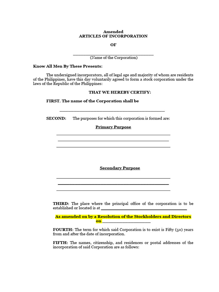 Amended Articles of Incorporation Template | PDF | Corporations | Stocks