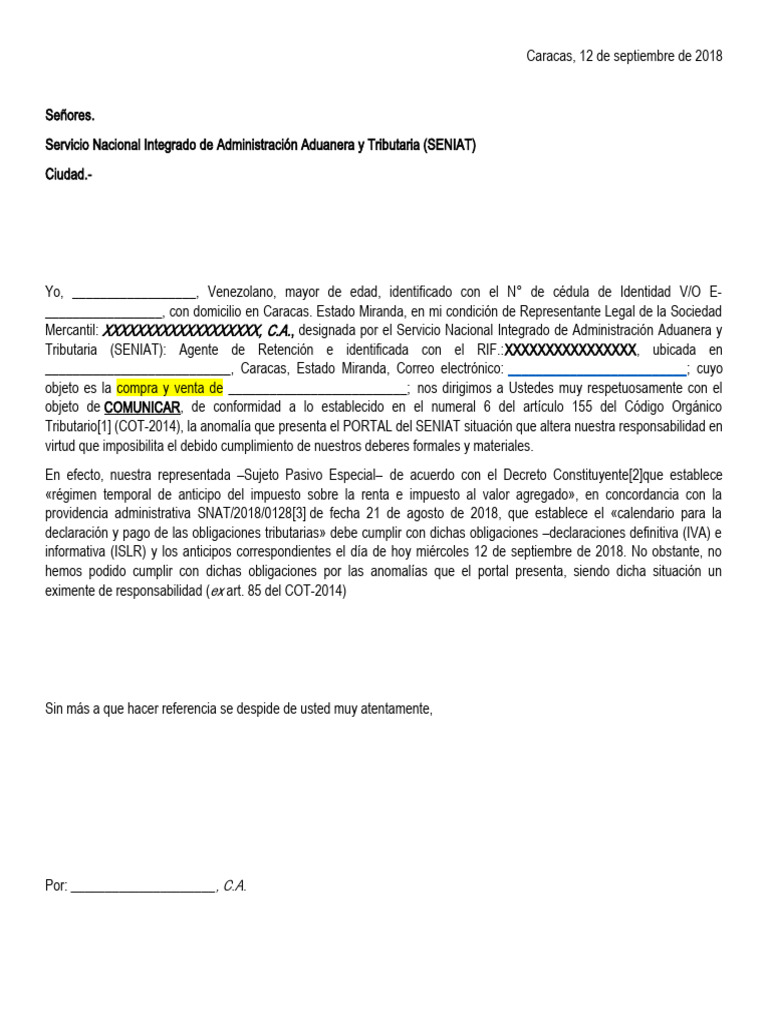 Carta A Seniat Por Errores de Declaracion en Portal | PDF