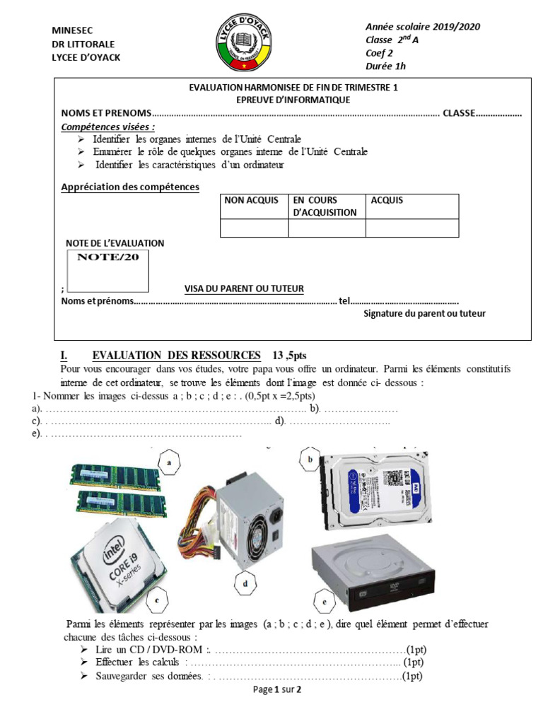 Évaluation Informatique 2nde A Lycée Oyack | PDF | Informatique ...