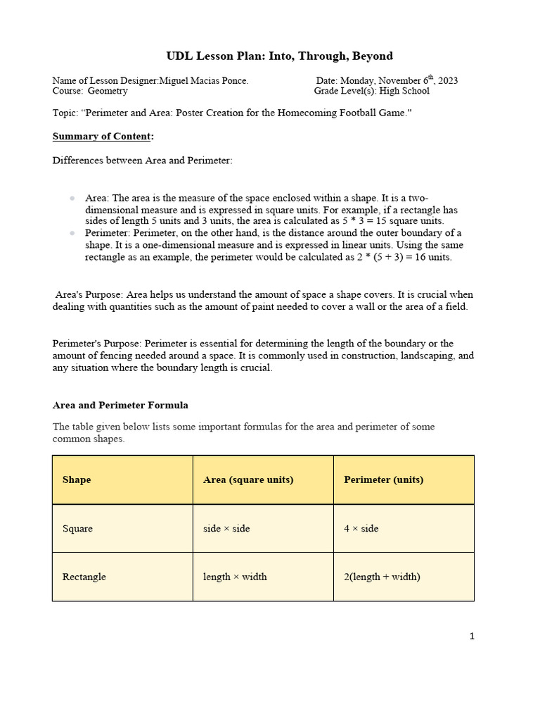 Udl Area Perimeter Lesson | PDF | Area | Length