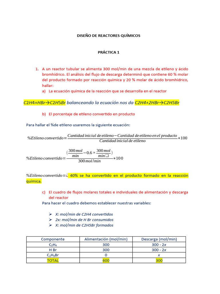DISENO DE REACTORES PRACTICA 1 Raul Bengoa | PDF | Reactor Quimico | Equilibrio químico
