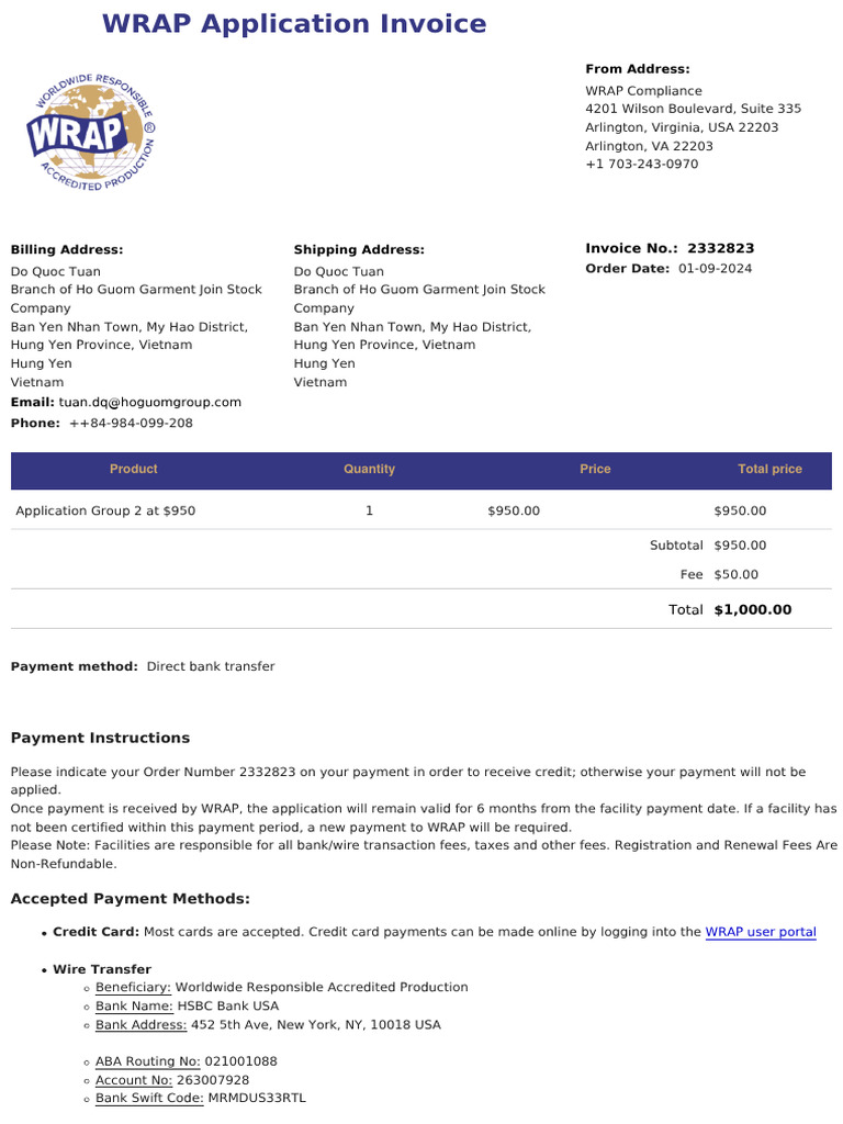 Invoice 2332823 | PDF | Payments | Wire Transfer