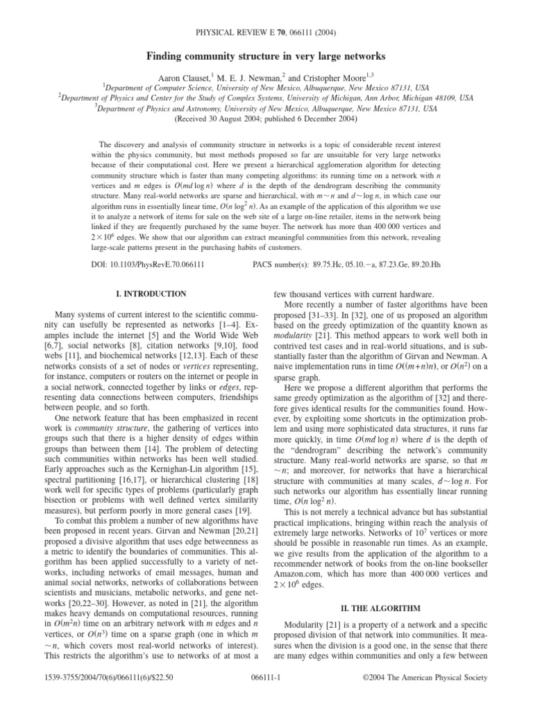 Clauset Et Al - 2004 - Finding Community Structure in Very Large Networks | PDF | Matrix ...