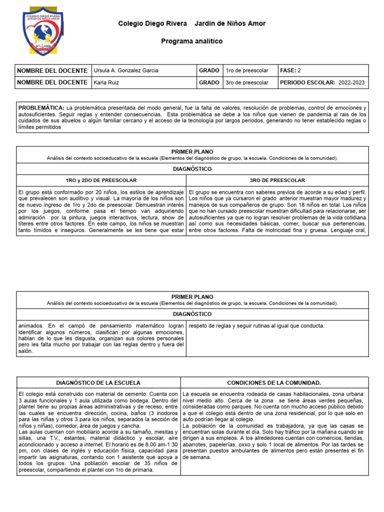 Programa Analitico - Preescolar - 2022 - 2023 | PDF