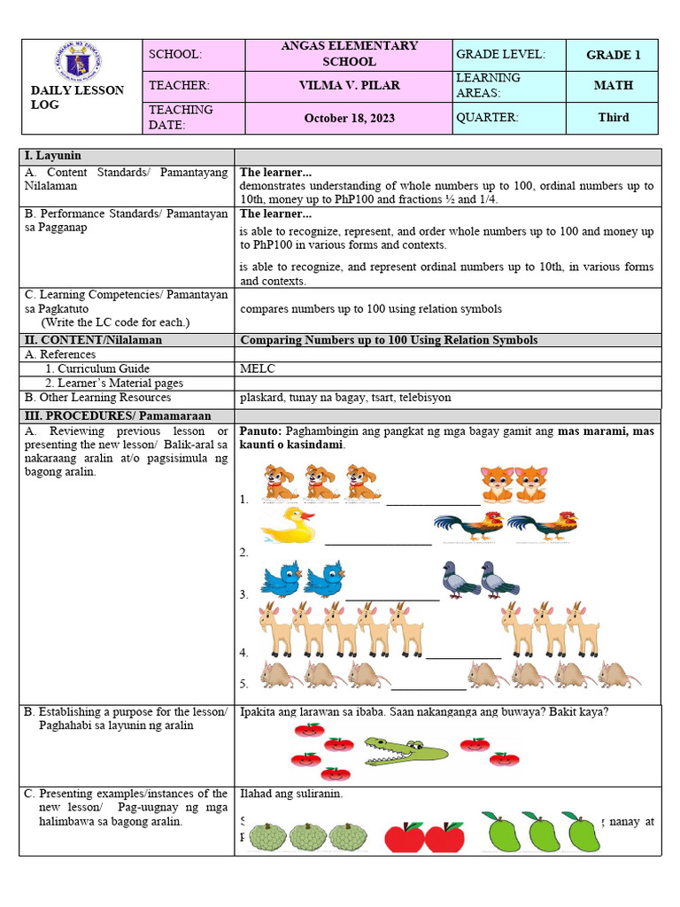 COT 1 Math 1 Q1 Week 8 Day 3 | PDF