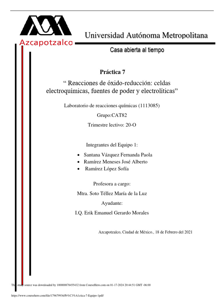 PR Ctica 7 Equipo 1 PDF | PDF | Redox | Electroquímica