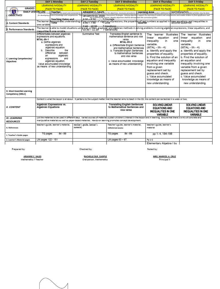 Q2 Week 8 Lesson G7 DLL | PDF | Equations | Mathematics