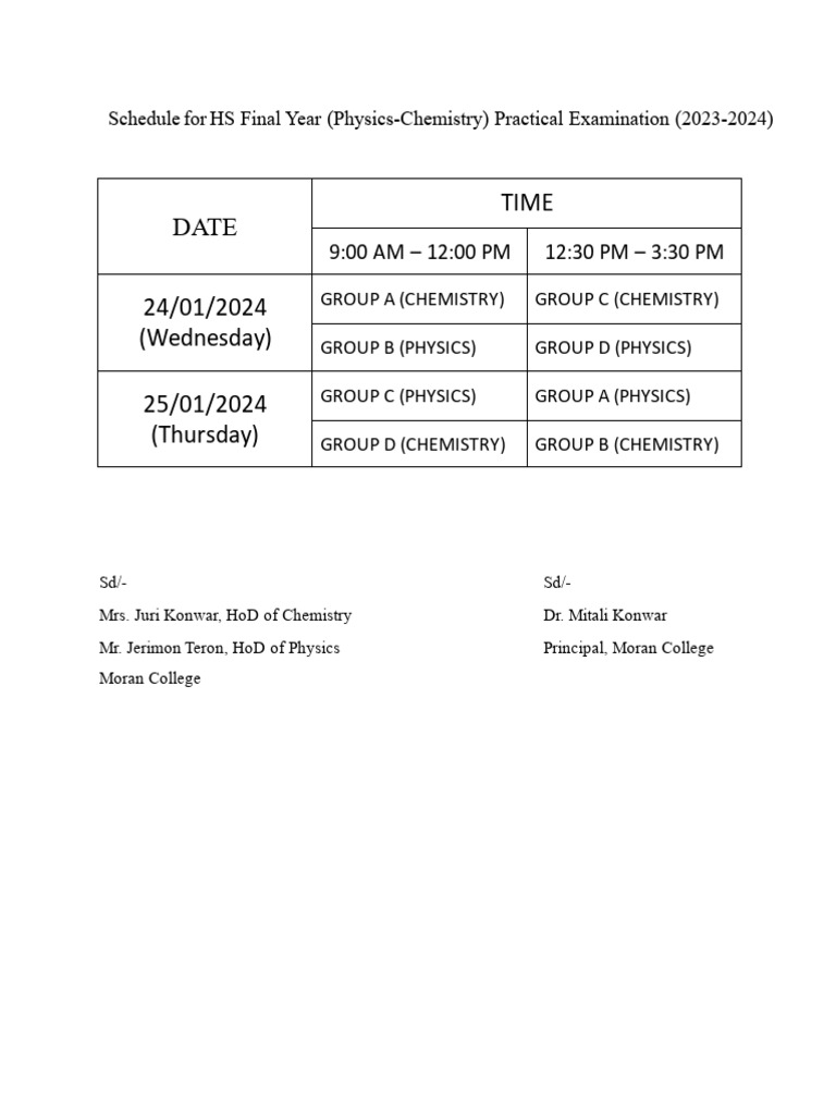 Practical Examination Schedule For HS Exam (2023-2024) Physics-Chemistry | PDF