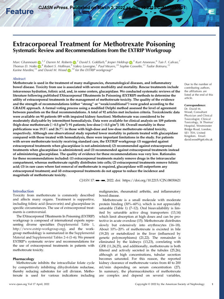 Feature: Extracorporeal Treatment For Methotrexate Poisoning | PDF | Hemodialysis | Chronic ...