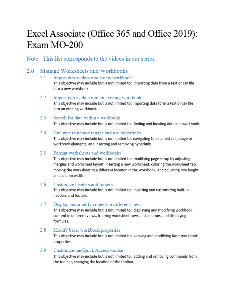 Excel Associate Objectives - Office 365 and Office 2019 | PDF | Microsoft Excel | Spreadsheet