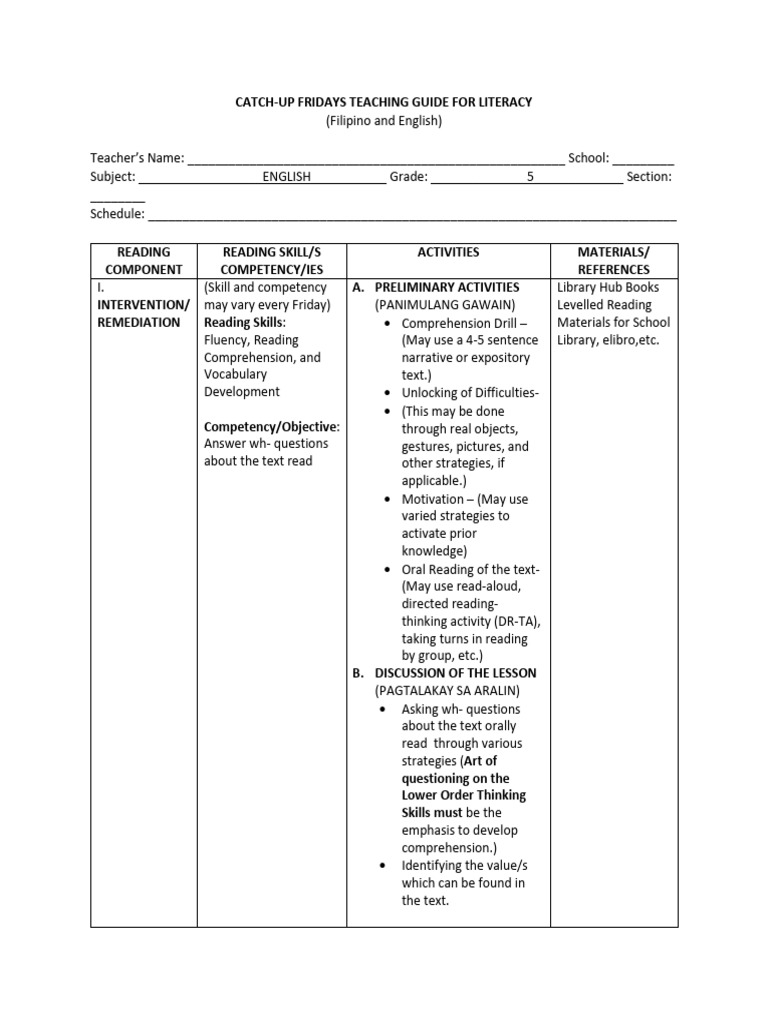 Literacy Teaching Guide for Grade 5 | PDF | Reading Comprehension ...