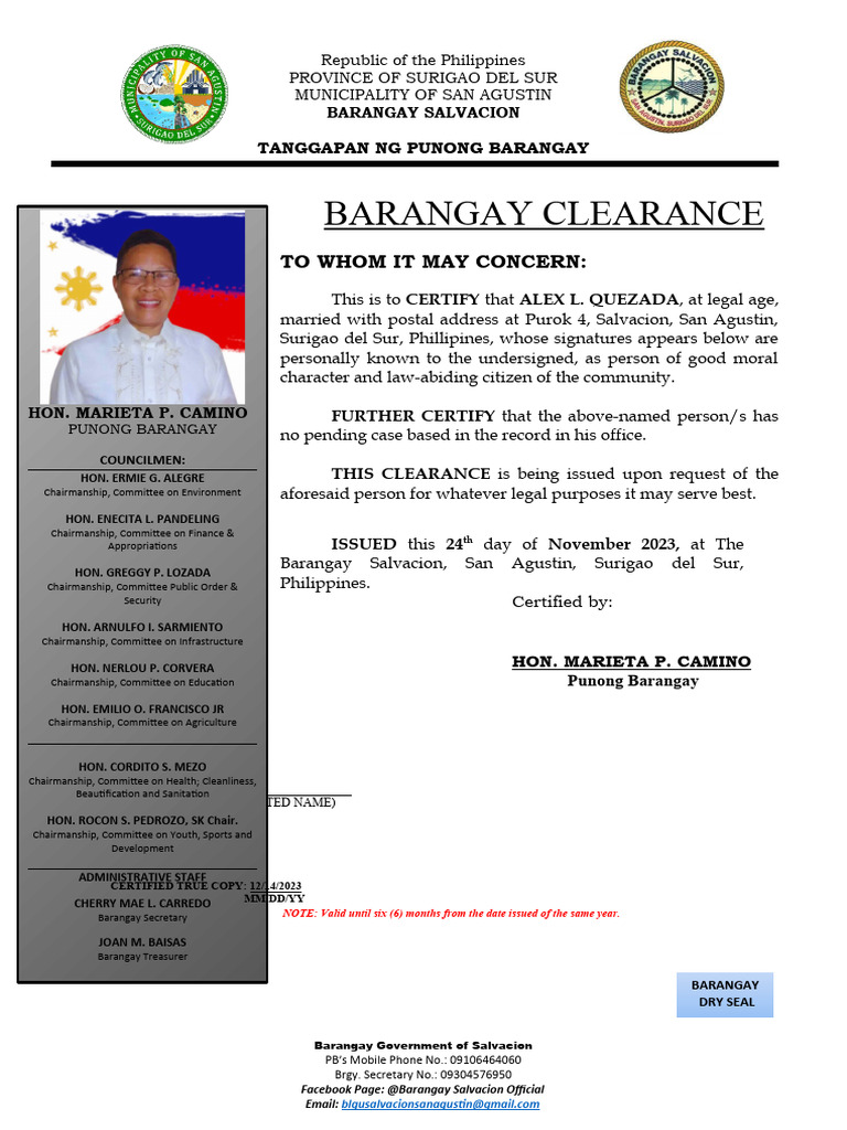 Barangay Clearance | PDF | Philippines