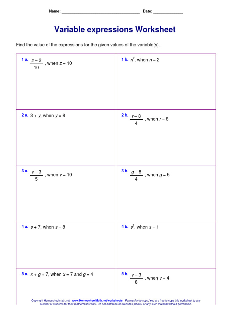 Evaluate Expressions Worksheet | PDF