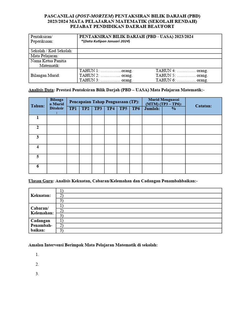 Borang Pascanilai PBD (Matematik Rendah) Sesi 2023-2024 (Terkini) | PDF ...