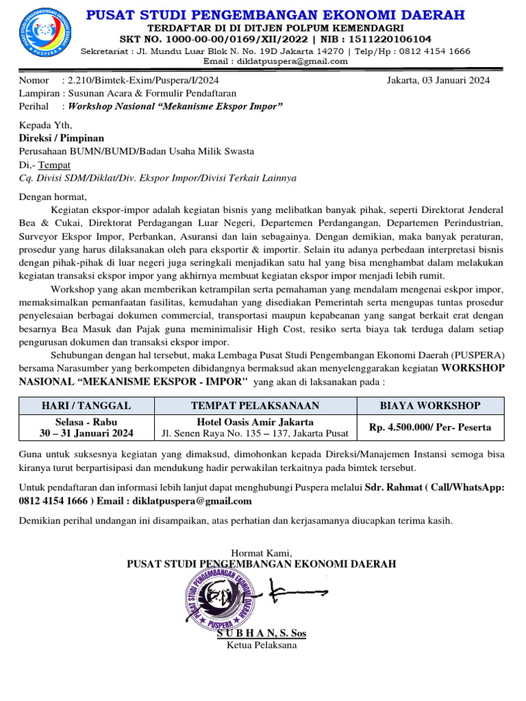 Workshop Mekanisme Ekspor Impor (30 - 31 Januari 2024) | PDF Workshop Mekanisme Ekspor Impor (30 - 31 Januari 2024) | PDF