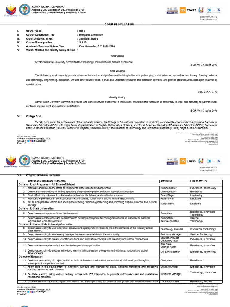 SSU Sci 6 Inorganic Chemistry Syllabus | PDF | Chemical Equilibrium ...