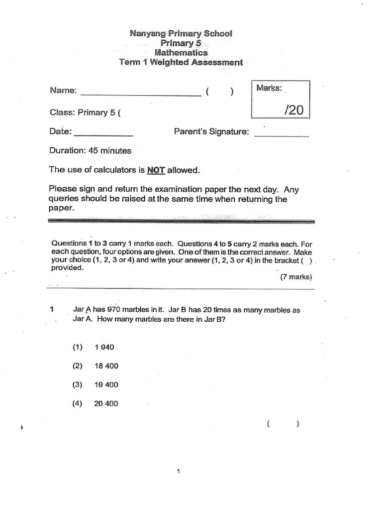 P5 Maths CA1 2020 Nanyang Exam Papers | PDF