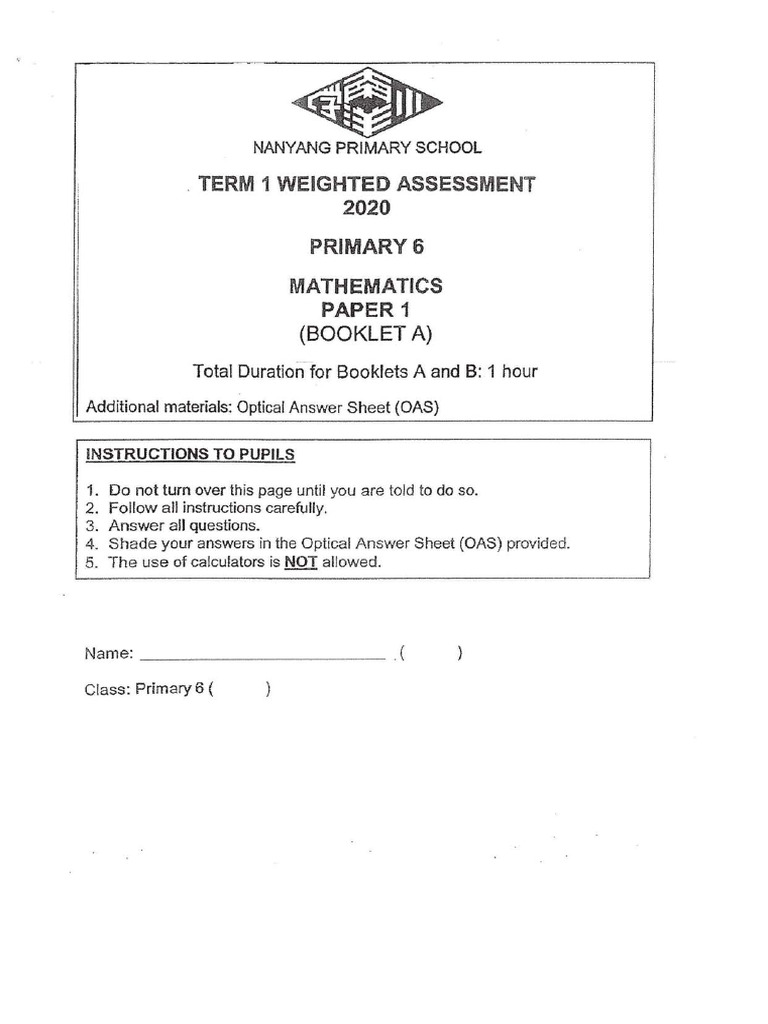 P6 Maths SA1 2020 Nanyang Exam Papers | PDF