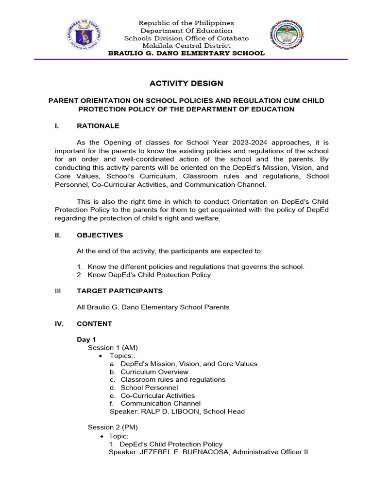 BGDES Activity Design for PTA Day | PDF